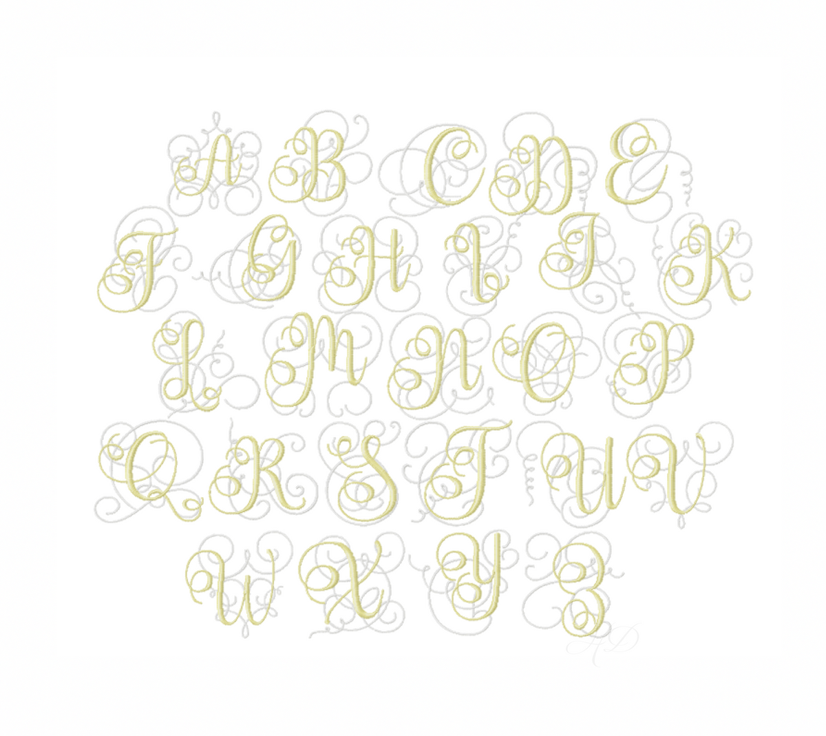 7" 7X9 Gardenia Scroll Satin Stitch Embroidery Font – HERRINGTON DESIGN